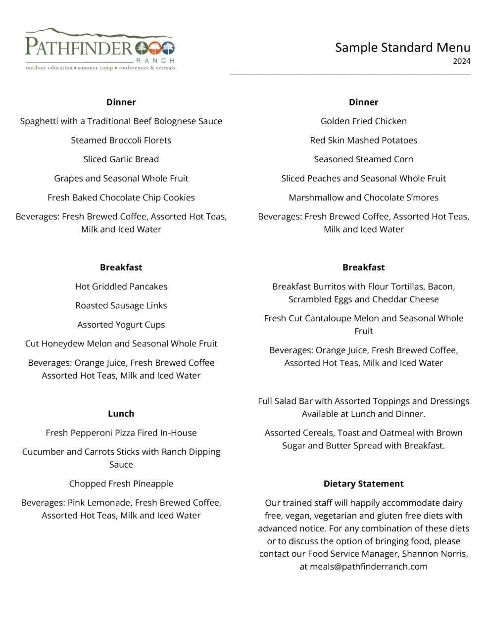 Menu | Pathfinder Ranch